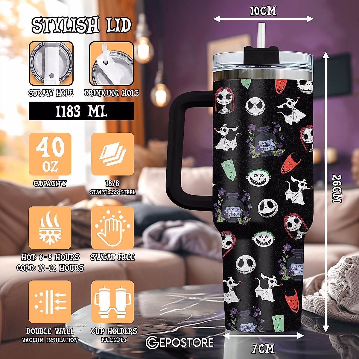 GEPOSTORE Halloween Gifts for Movie Lovers, Jack Skeleton 40 oz Stainless Steel Tumbler with Handle, Lid, and Straw, Nightmare Before Movie Cup, Halloween Mug, Horror Movie Gifts for Cartoon Lovers