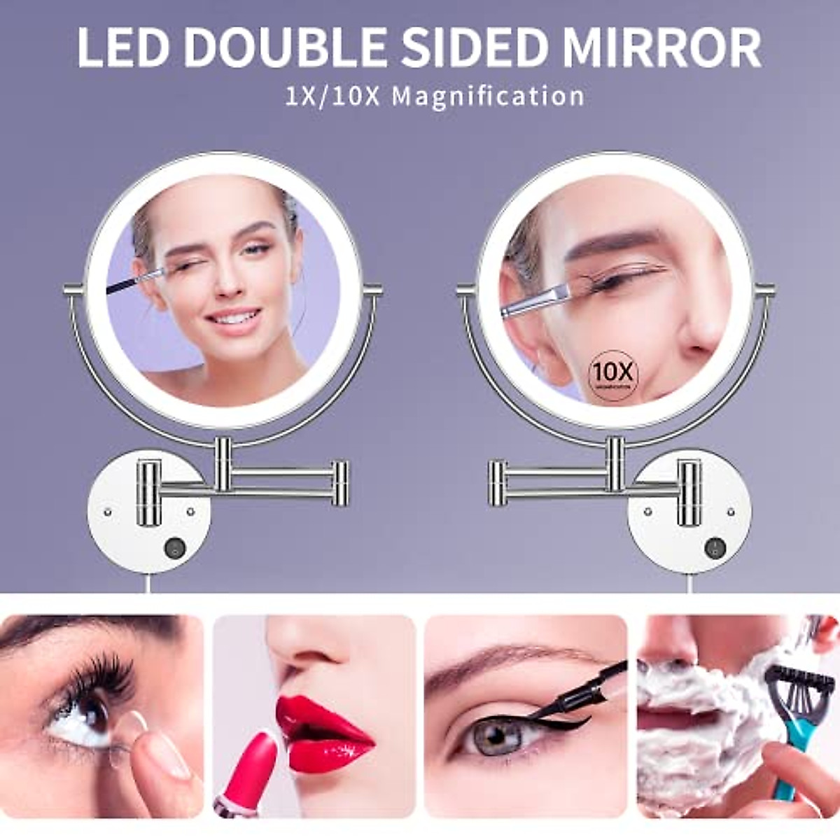 Benbilry LED Wall Mounted Makeup Mirror 9 Inch Super Large Size Double Sided with 1x/10x Magnification Extendable Lighted Magnifying Vanity Mirror with Lights 360° Swivel Round Bathroom Mirror