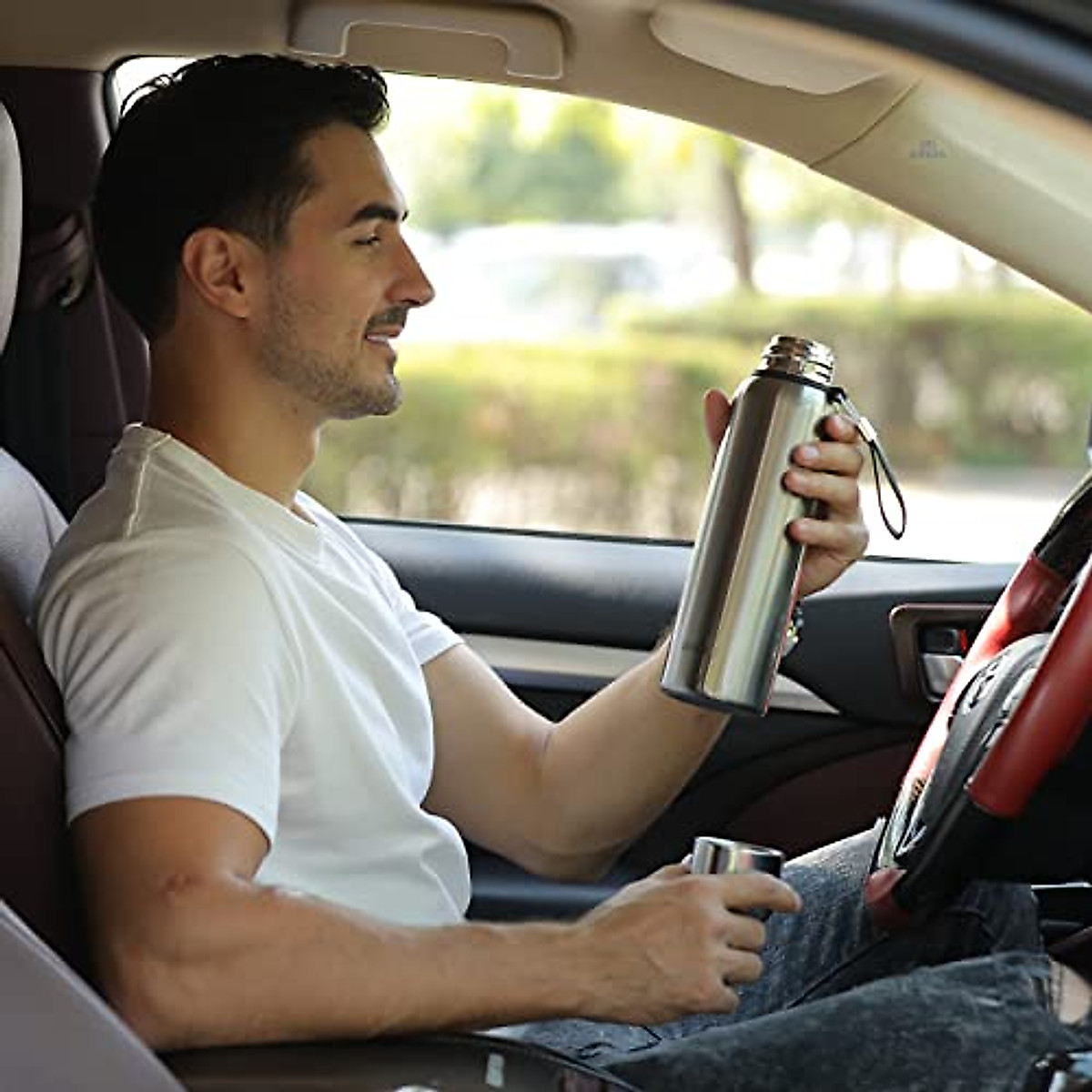 GOOFIT Insulated Thermos with Cup Outdoor Sports Stainless Steel Thermos Vacuum Sealed Coffee Bottle Travel Mug Thermos Flask BPA Free Keeps Cold 24H Hot 24H 27Oz Silver