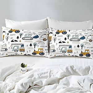 Cartoon Car Kids Fitted Sheet Construction Bed Sheet Set Decor Equipment Trucks Bedding Set Cartoon Car Excavator Tractor White Yellow Bed Cover Bedroom Quilt Cover 2Pcs Twin