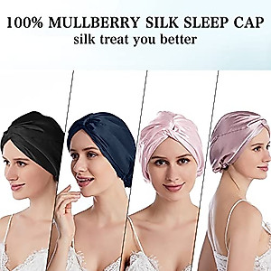 SOBONNY Silk Bonnet for Sleeping 100% Mulberry Silk Sleep Cap for Women Hair Care Night Cap Fixed by The Elastic(1Pc, Navy Blue)
