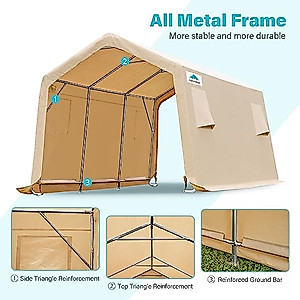 ADVANCE OUTDOOR 10x15 ft Shelter Storage Shed Steel Metal Peak Roof Anti-Snow Portable Garage Carports for Motorcycle, Boat or Garden Tools with 2 Roll up Doors & Vents, Beige, (8807BY-2)