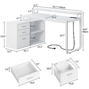 DWVO L Shaped Desk with Drawers, 55" Corner Computer Desk with Power Outlets & LED Lights, Home Office Desk with File Cabinet, White