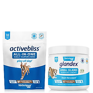 Activebliss Daily All-in-One Superchew 30 Ct and Glandex for Dogs Anal Gland Support Chews 60 Ct Bundle Daily Chewable Canine Multivitamin and Anal Gland Supplement for Dogs