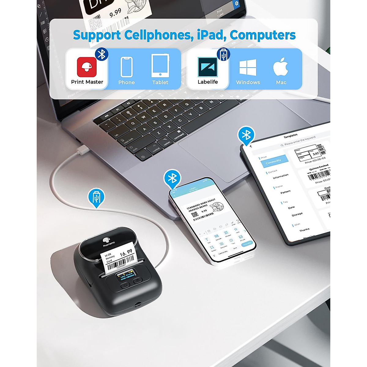 Phomemo M110 Label Printer - Bluetooth No Ink Printer, Mini Portable Barcode Label Printer for Retail, Address, Barcode, Home, for PC/Mac, iOS/Android, with 3pack Most Used Labels, Ebony Black