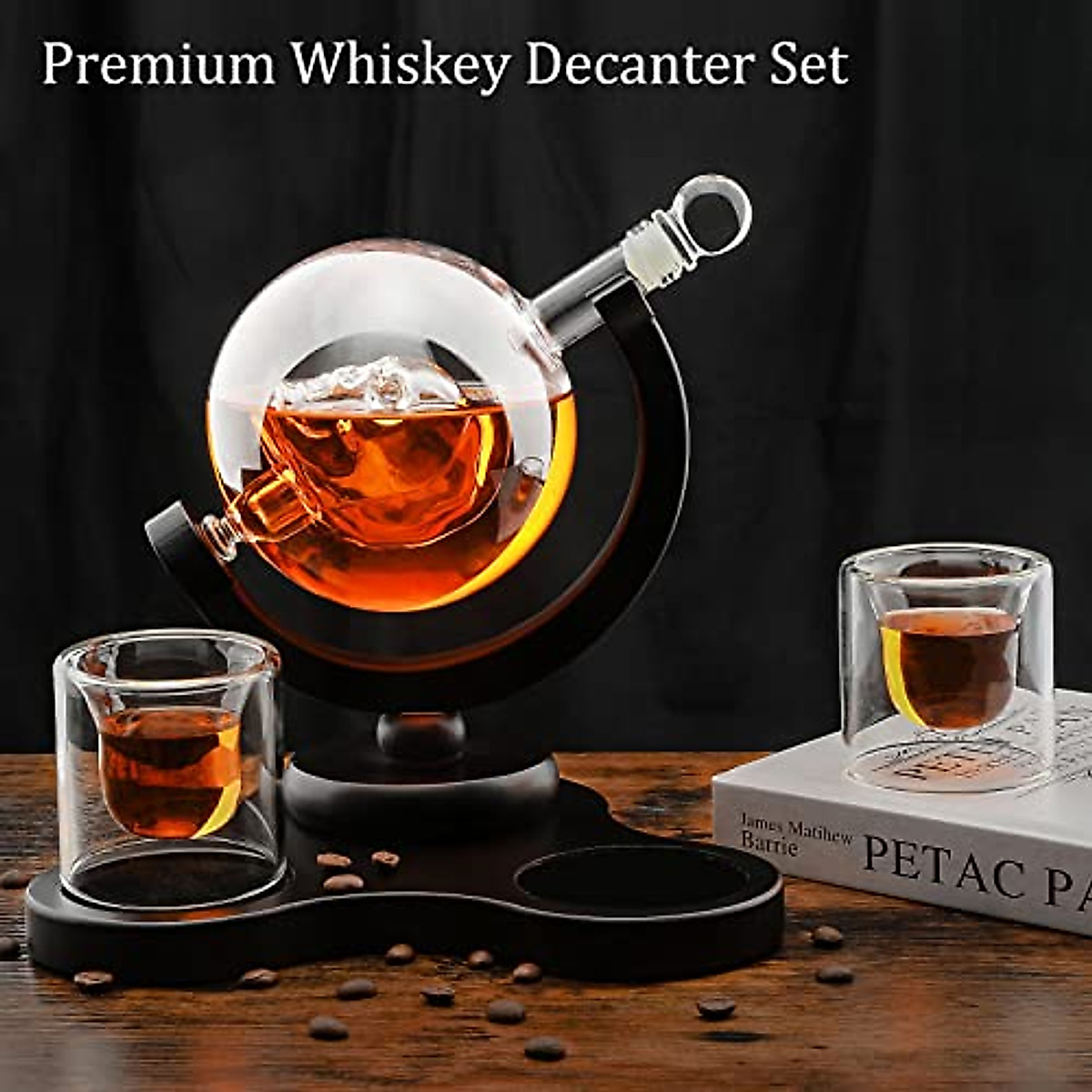 Whiskey Decanter Set with Glasses, Skull Whiskey Decanter Sets for Men, Bourbon Crystal Liquor Decanter with Wood Base & 360°Rotatable Bracket, Gift for Dad Anniversary Birthday House Warming Father