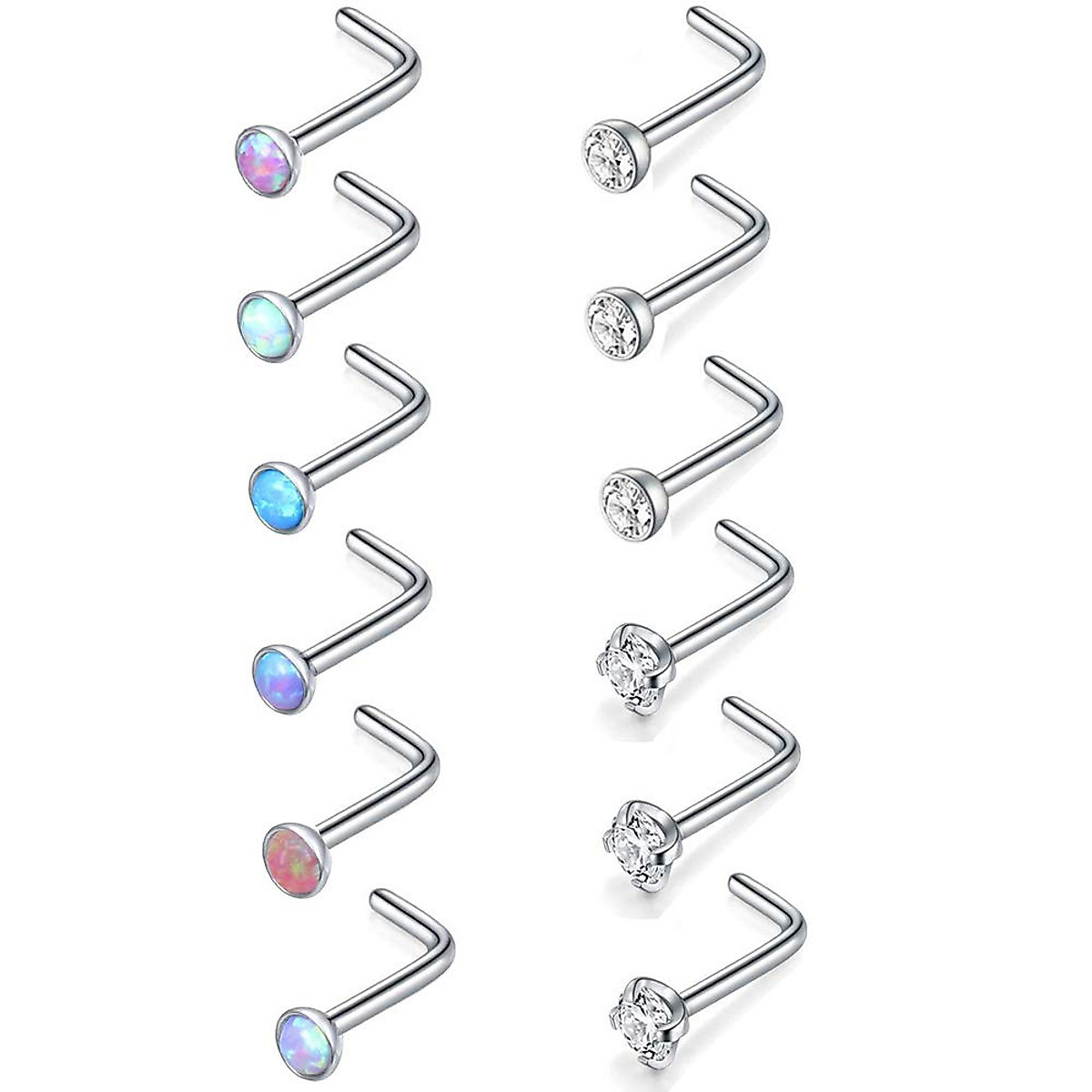 Piercingpops 12PCS 20g Tiny CZ Opal Nose Bone/L Shaped/Nose Screws Stud Stainless Steel Nose Ring Set Body Jewelry Piercing (12PCS - 3mm Opal & CZ（L Shaped Style）)
