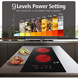 AMZCHEF 2 Burner Electric Cooktop 12 Inch, Domino Electric Stove Top 120v Plug Ceramic Cooktop with 1800W 9 Power Levels,Sensor Touch,Child Lock,Residual Heat Indicator,Built-in&Countertop,Upgraded
