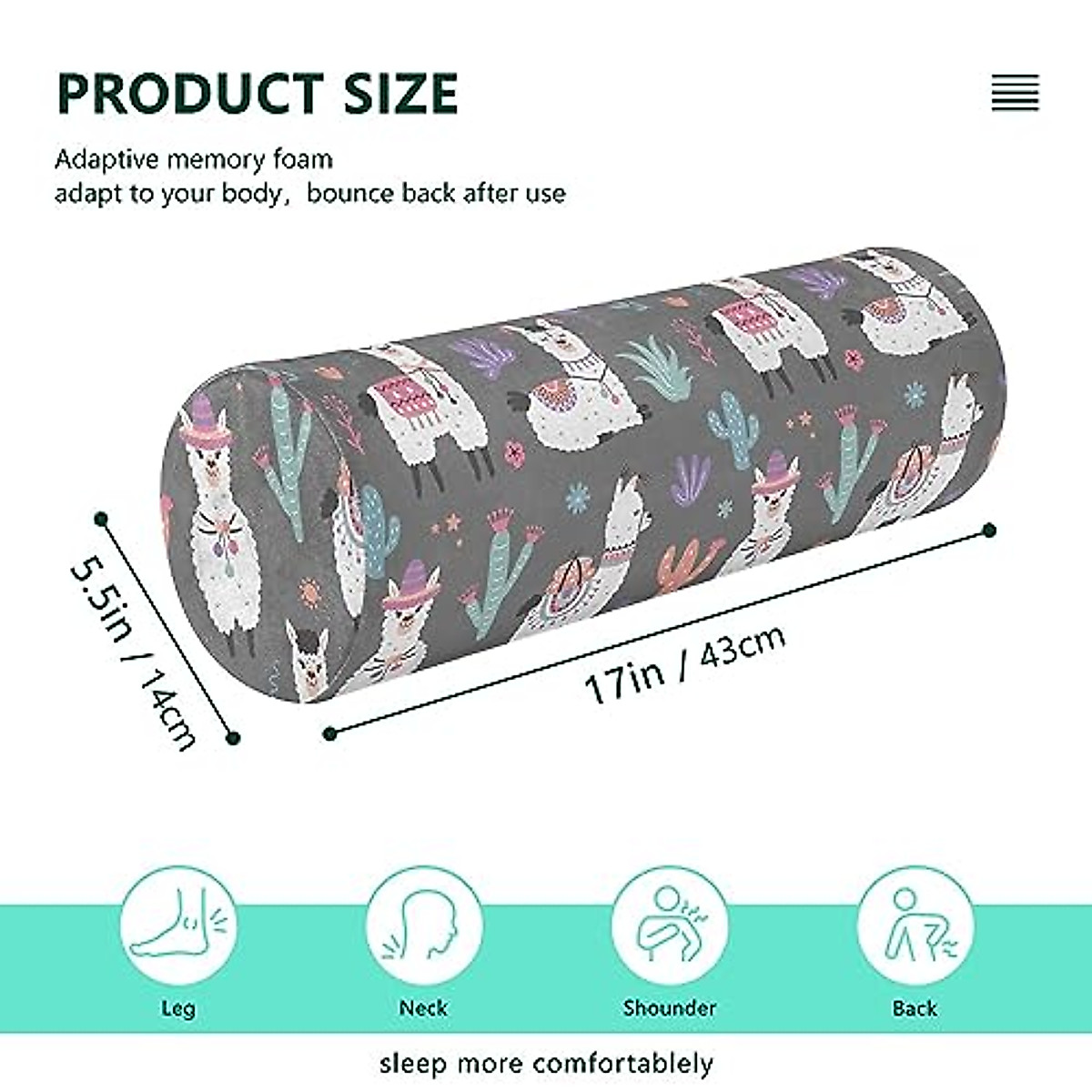 Vnurnrn Cartoon Llama Alpaca Neck Support Pillow Round Neck Roll Bolster Cylinder Pillow Cervical Pillows Knee Pillow for Leg Knee Back Head Support for Camp Study Work Men