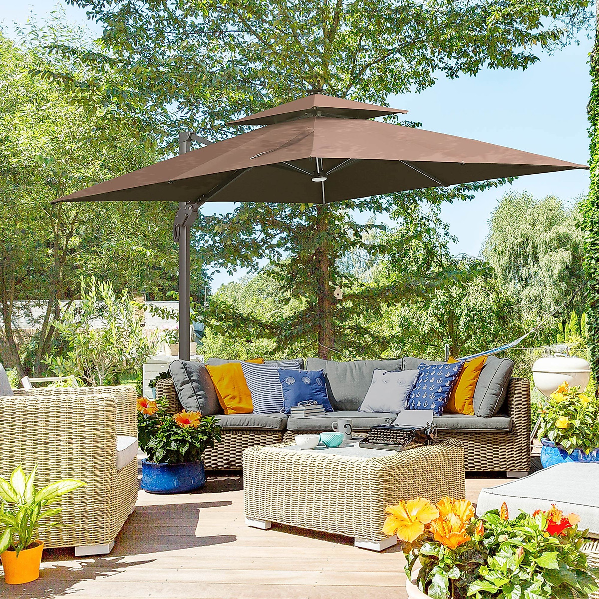 Outsunny 10FT Cantilever Patio Umbrella with Solar LED Lights, Double Top Square Outdoor Offset Umbrella with 360° Rotation, 4-Position Tilt, Crank & Cross Base for Garden, Deck, Pool, Brown