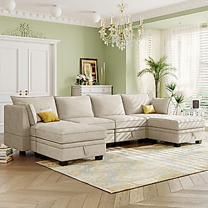 BAMOOLI 115.1'' U Shape Modular Sectional Sofa, Modern Corner Sofa with Reversible Chaise, Oversized Linen Fabirc Sofa with 4 Pillows, 6 Seat Sofa with Storage Space for Living Room, Apartment, Beige