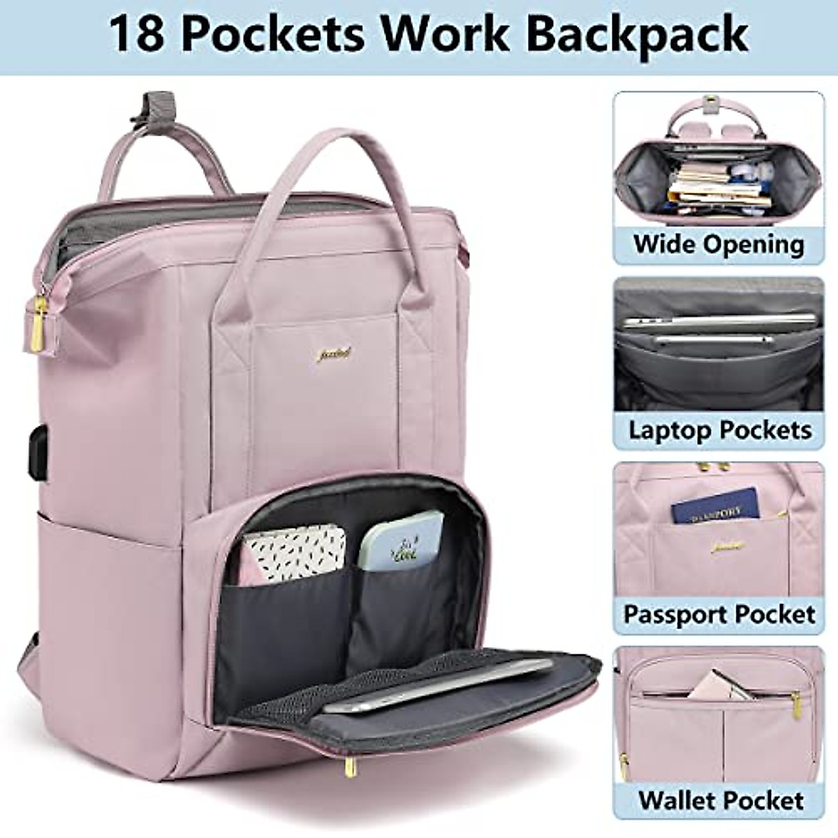 Focdod Laptop Backpack Women Work Bag - 15.6 inch with Laptop Compartment Waterproof Professional Travel Backpack Purse with USB Charger for College Teacher Nurse Business Women Purple