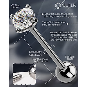 OUFER 14G Tongue Rings, Shiny Clear CZ Tongue Barbells, G23 Solid Titanium Tongue Piercing Jewelry, Nickel-free Tongue Ring for Women Men