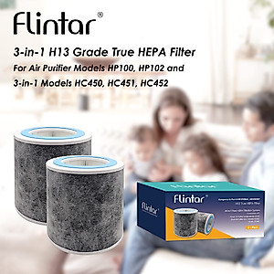 Flintar HP102 True HEPA Replacement Filter, Made in TAIWAN, Compatible with Shark Air Purifier HP100, HP102, HC450, HC451, HC452, HC455, Compares to Part # HE1FKBAS and HE1FKPET (2-Pack)