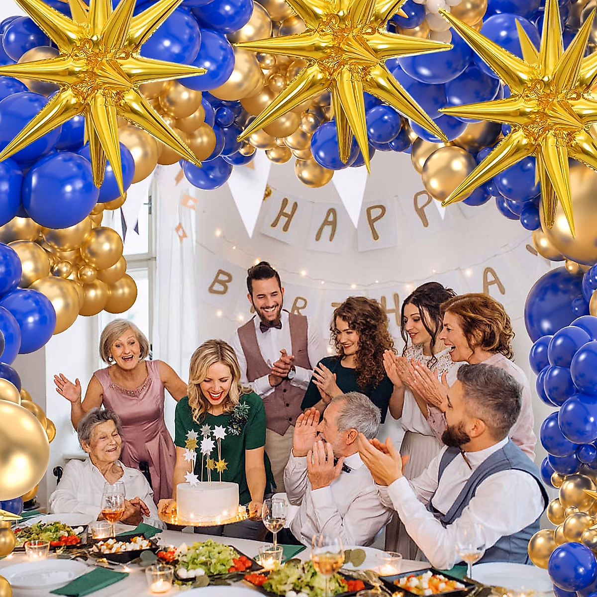 176 Pack Royal Blue Gold Balloons Garland Arch Kit with 3pcs 27 Inch Big Foil Starburst Balloons,Blue and Gold Confetti Balloons for Birthday Graduation New Year Decoration