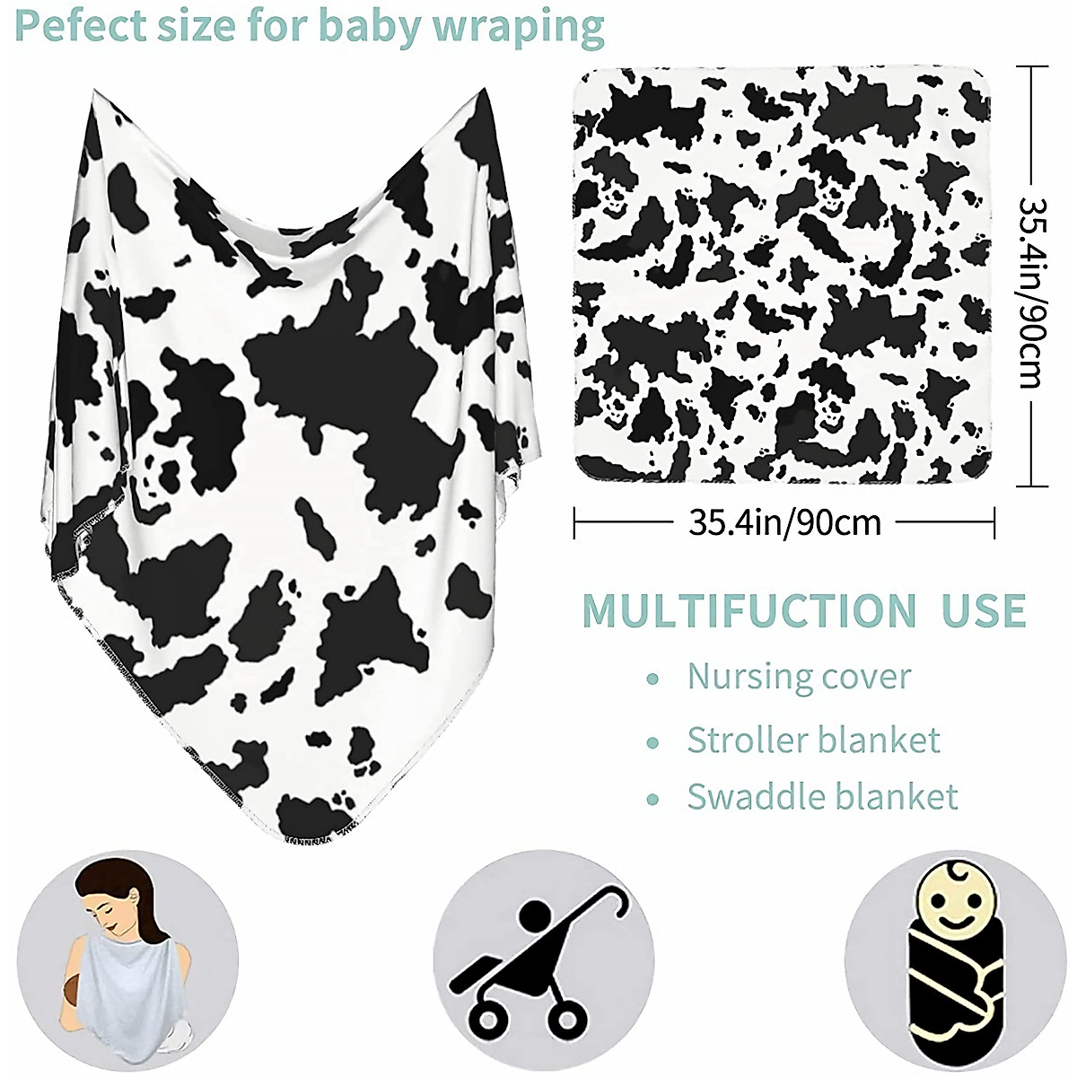 Belinyo Dalmatian Cow Baby Swaddle Blankets Nursing Cover Infant Receiving Blankets for Crib, Stroller, Travel（36x 36 Inch）