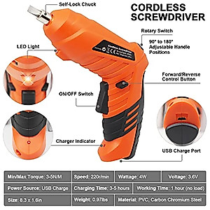 MQ Electric Screwdriver, 3.6V Cordless Screwdriver Kit with Rechargeable Battery, Dual Position Handle & LED Front Light, 49PCS Portable Skil Screwdriver for Home Office DIY Tools, Orange
