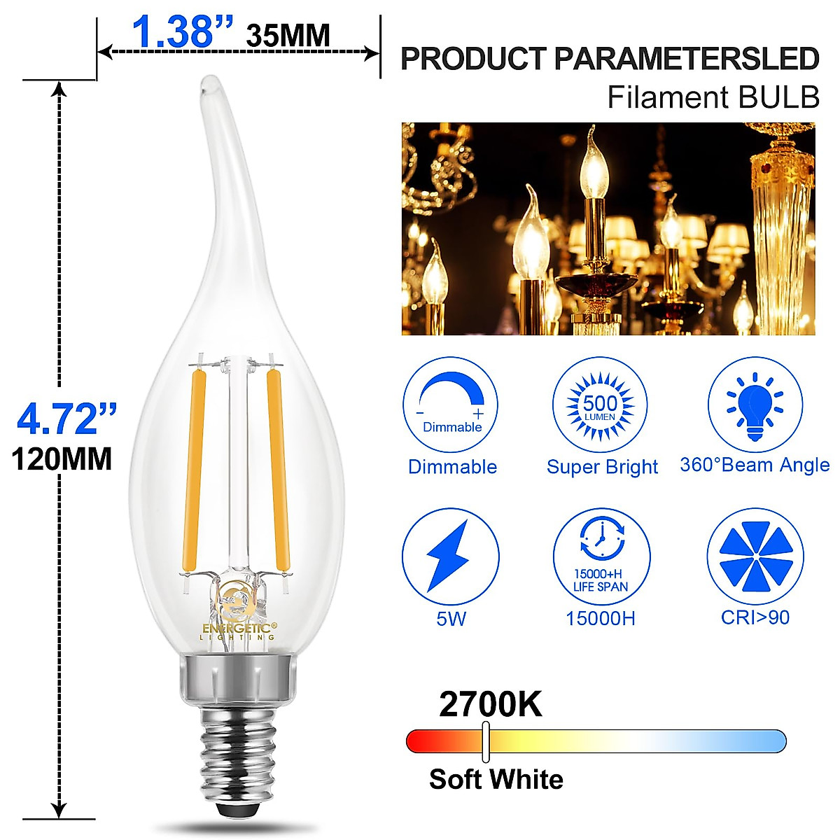 ENERGETIC 12 Pack Dimmable Candelabra Led Light Bulb, CA11 Shape,Flame Tip Style, 60 Watt Equivalent, 2700K Soft White, E12 Base, Led Candelabra Bulb,CRI 90+, UL Listed， Halloween Christmas Decoration