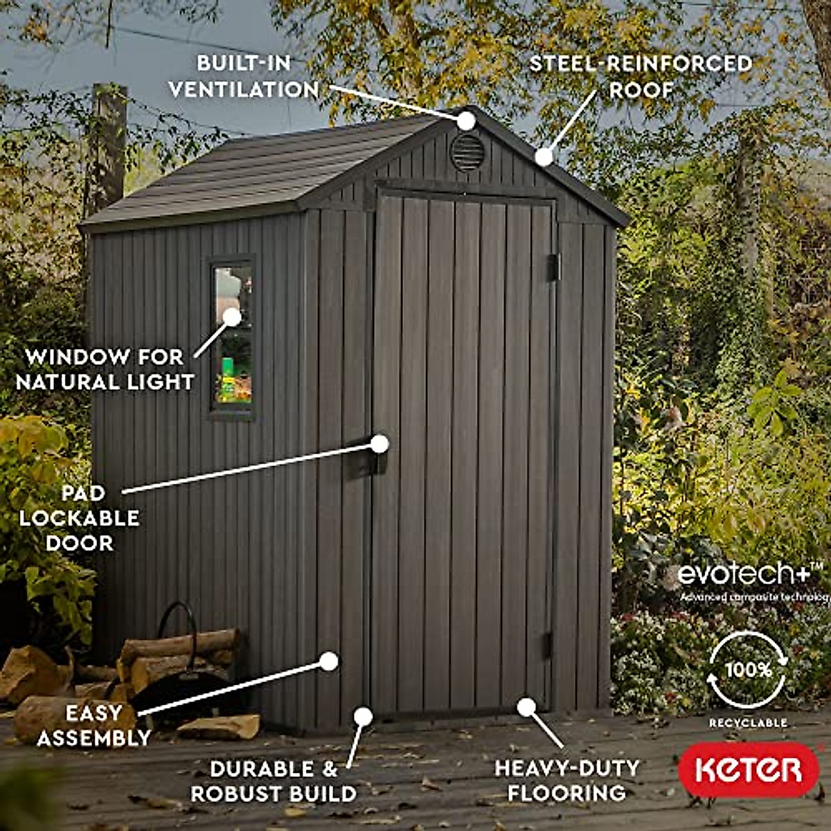 Keter Darwin 4 x 6 Foot Spacious Heavy Duty Storage Shed for Organizing Garden Accessories and Outdoor Tools with Lockable Door and High Ceiling, Gray