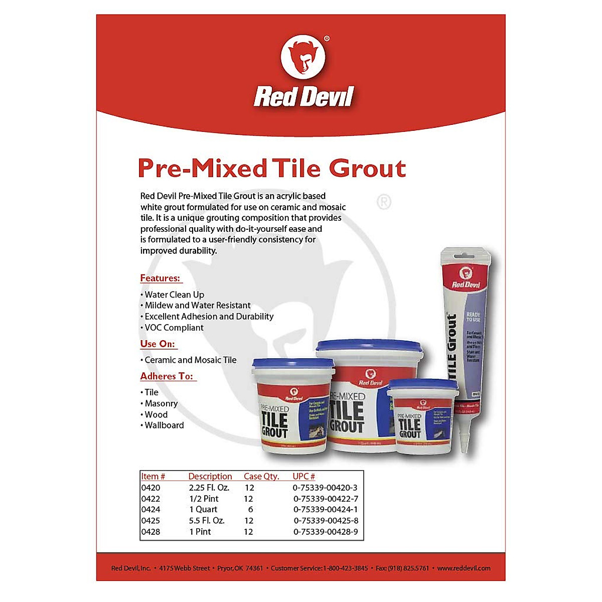 Red Devil 0425 Pre-Mixed Tile Grout Squeeze Tube, 5.5 oz., White