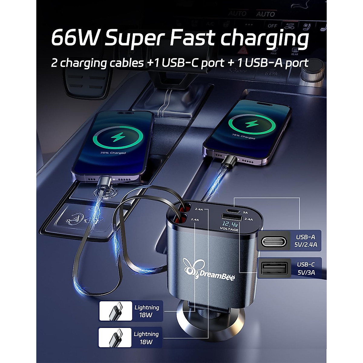 DreamBee Retractable Car Charger,Super Fast USB Car iPhone Charger,Dual iPhone Retractable Cables (31.5 inch) and 2 USB Ports Car Charger Adapter for iPhone14/13/12/11 Pro Max/XS MAX/,iPad,Samsung