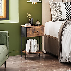 WLIVE Nightstand, Bedside Side Table for Bedroom, Dorm with Steel Frame, Night Stand End Table with Fabric Storage Drawer, Easy Assembly, Rustic Brown Wood Grain Print, 11.73''D 15.67''W 25.03" H