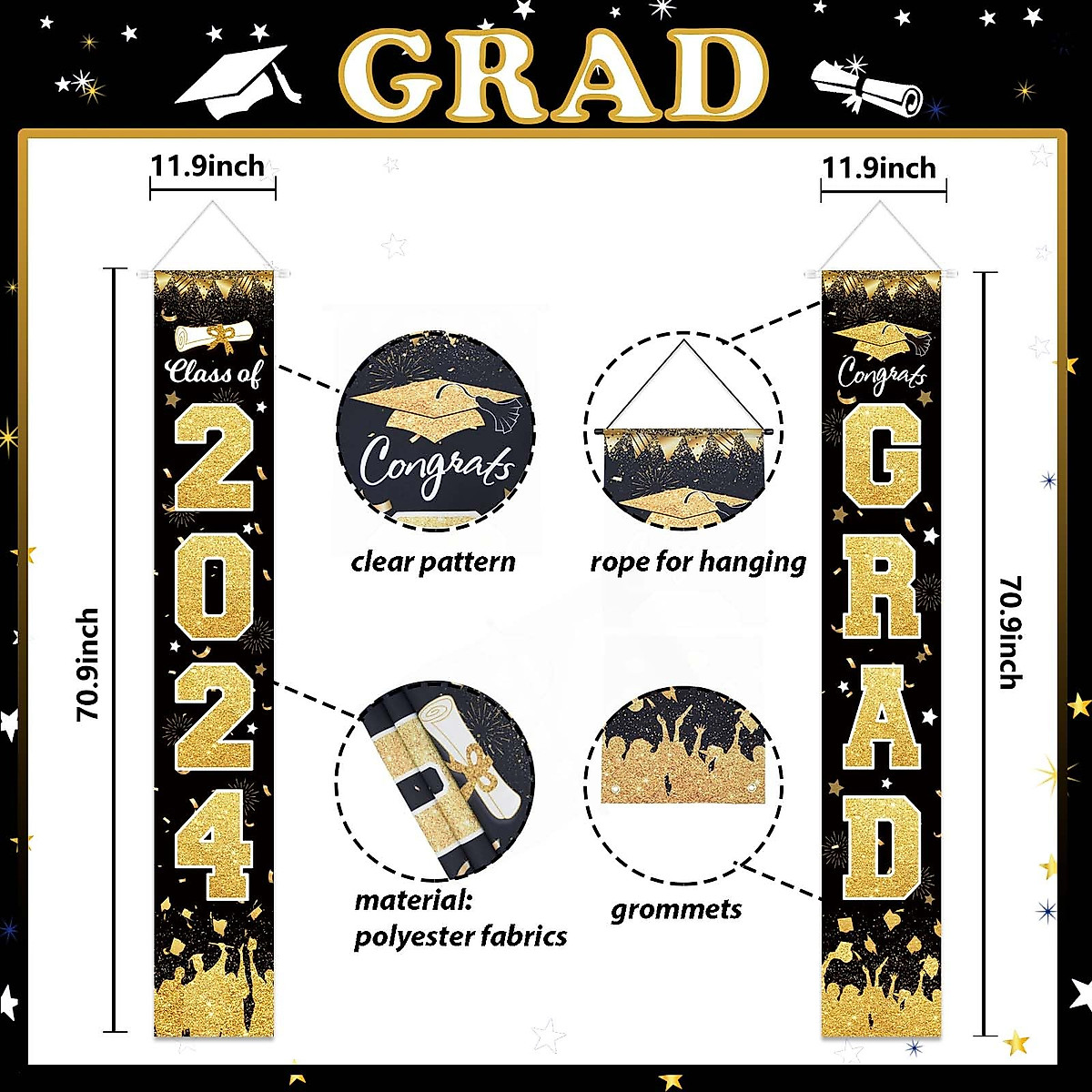 2024 Graduation Party Decorations - Green Gold Class of 2024 Congrats Grad Porch Sign Banner Hanging Flag Graduation Party Supplies for School College Classroom Decor