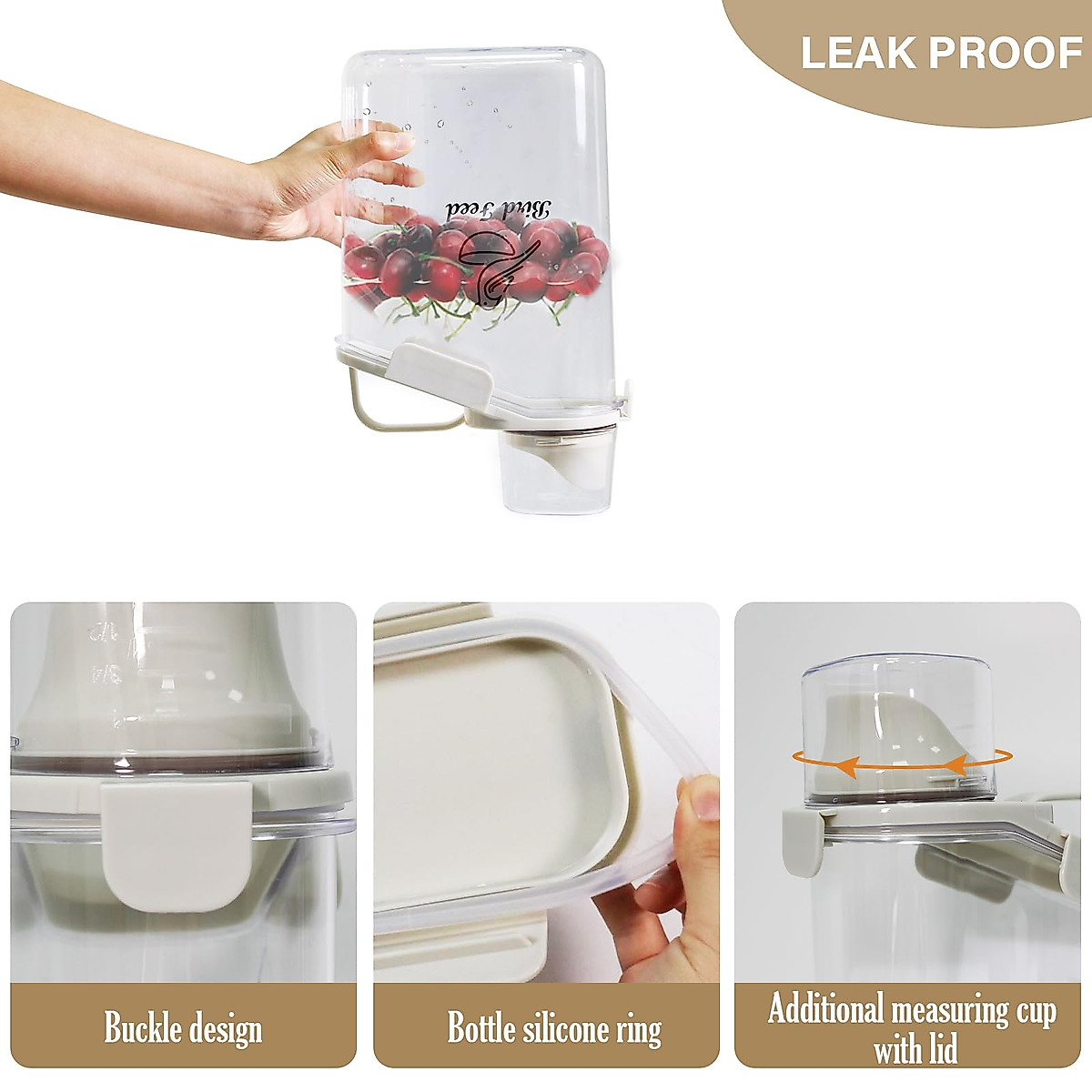 Ctomche Bird Seed Storage Container,2.8L Airtight Bird Food Container with Handle and Measuring Cup,Portable Pet Food Container for Wild Bird Sunflower Seed-BPA Free Transparent/White