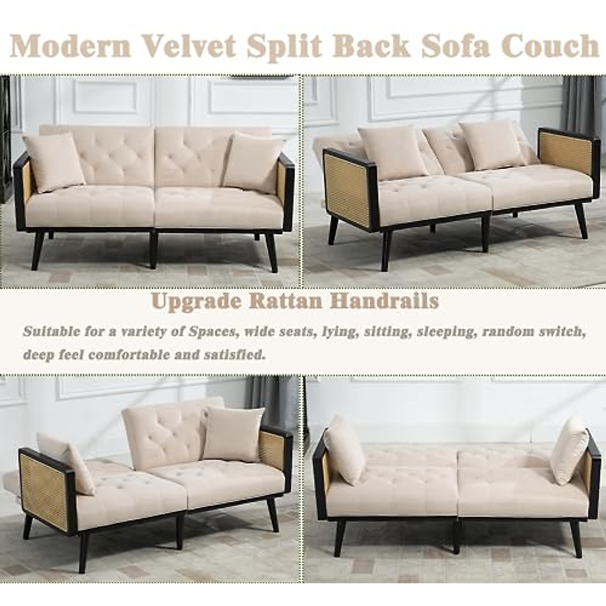 Lin-Utrend Velvet Loveseat Sofa with Rattan Armrest,61" Convertible Futon Sofa Bed,Sleeper Sofa Couch Loveseat for Small Space,Living Room,Apartment