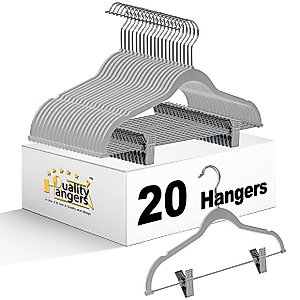 Quality Plastic 20-Pack - Non Velvet Non-Flocked Thin Compact Coat Hangers with Metal Clips for Skirts Pants Blouses - 360° Swivel Hook (Black, 20)