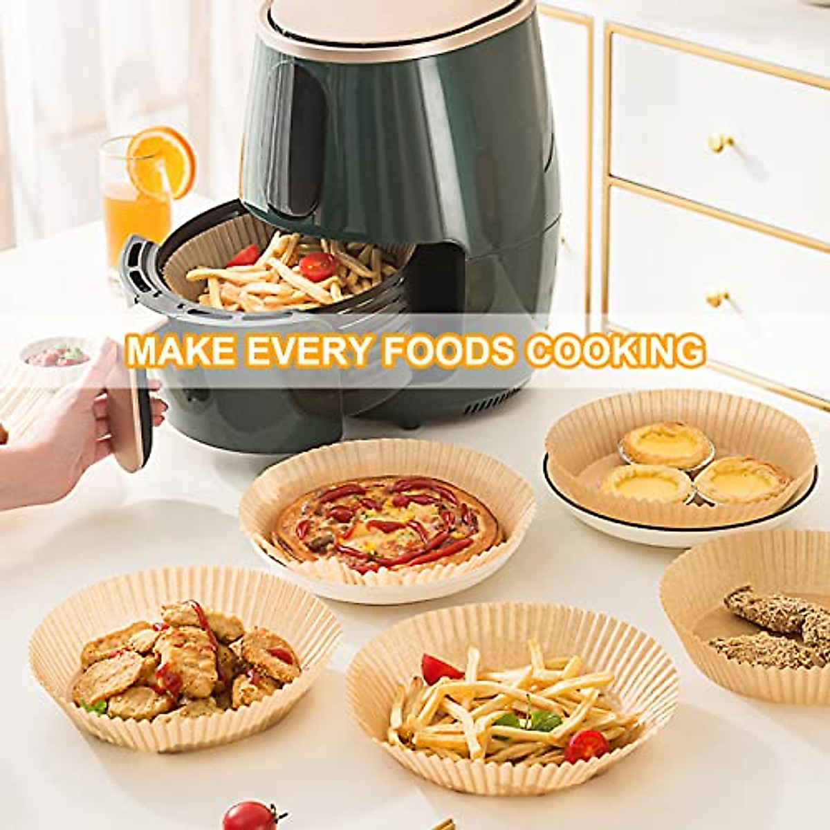 ZenTiky 100pc Air Fryer Disposable Paper Liner, Disposable Fryer Paper Pads, Non-Stick Air Fryer Liners with 100pc Disposable Gloves and Baking Brush for Baking Roasting Microwave Frying Pan, 6.3"