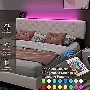IKIFLY California King Bed Frames with Adjustable Headboard, Modern Upholstered Cal King Platform Bed with LED Lights & 2 USB Ports, Strong Wood Slat Support, No Box Spring Needed - White