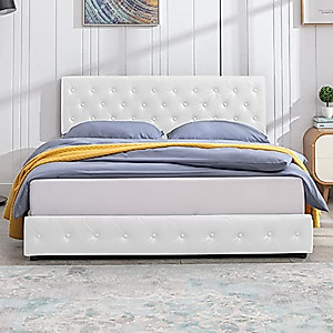 Horgaeo California King Size Bed Frame with 4 Storage Drawers and Button Decoration Liftable 5cm PU Headboard,No Box Spring Needed, Modern Iron-Wood Frame Easy Assembly, White.