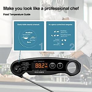 KULUNERs Lightning-Fast 2-Second Meat Thermometer Features a Large Display and Waterproof functionality, Perfect for a Variety of Cooking Methods Including Frying, Smoking, and Grilling (Black)