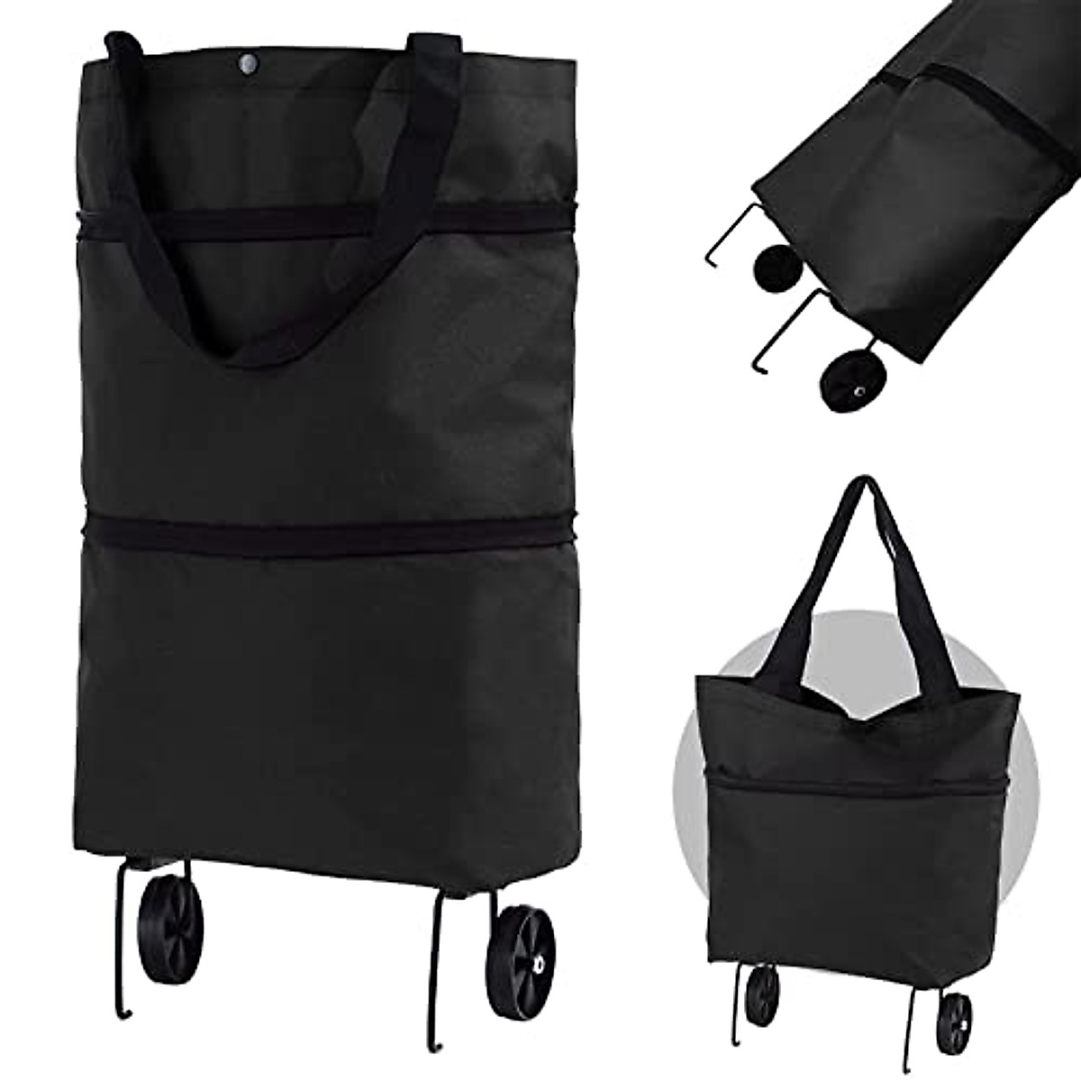 Foldable Shopping Trolley Tote Bag,Large-Capacity Shopping Bag with Wheels Portable Shopping Cart Reusable Portable Grocery Bag,Women Shopper Bag for Vegetable and Fruit (Black)