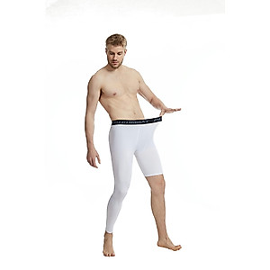Men's Basketball Single Leg Tight Sports Pants 1/2 One Leg Compression Pants Athletic Base Layer Underwear (Small,White-1)