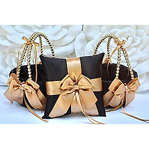 Flower Girl Basket and Ring Bearer Pillow Set Black Gold Wedding Basket Gold Ring Pillow Wedding Ring Pillow Gold Pearl Handle Baske (Black as Picture, 2 Baskets)