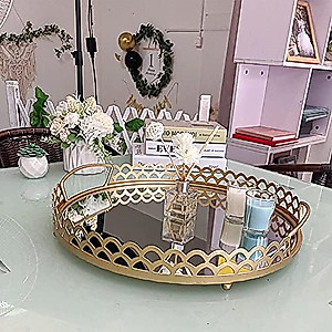 MAONAME Gold Mirror Decorative Tray, Large Vanity Tray with Handle, Metal Round Glass Tray for Bathroom, Dresser, Storage | 17" x 17" x 2.75"