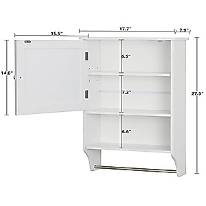 Iwell Bathroom Wall Cabinet with Adjustable Shelf in 3 Positions & Towel Bar, Medicine Cabinet with Door, Wall Mount Bathroom Cabinet, Over The Toilet Space Saver Storage Cabinet, White