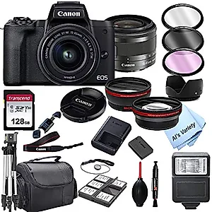 Canon EOS M50 Mark II Mirrorless Digital Camera with 15-45mm Zoom Lens Lens + 128GB Card, Tripod, Case, and More (24pc Bundle) (Renewed)