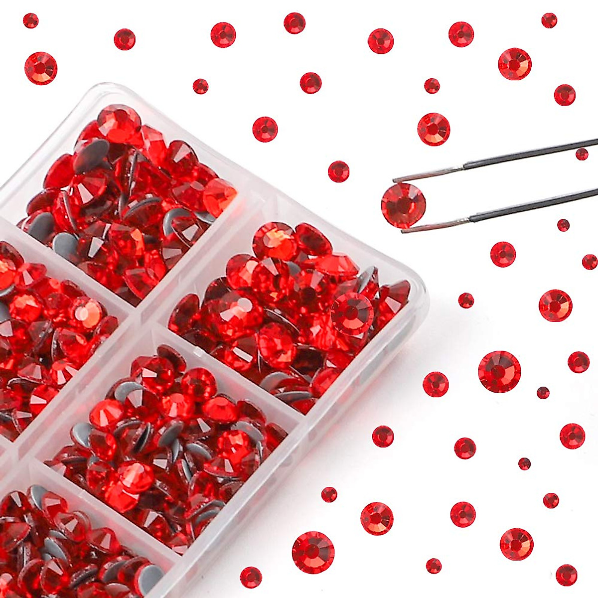 OUTUXED 5040pcs Red Flatback Rhinestones for Crafting, Crystal Round Gems for Nail Art DIY Crafts Halloween Clothes Bags, 6 Mixed Size Hotfix Rhinestones with Tweezers and Picking Rhinestones Pen