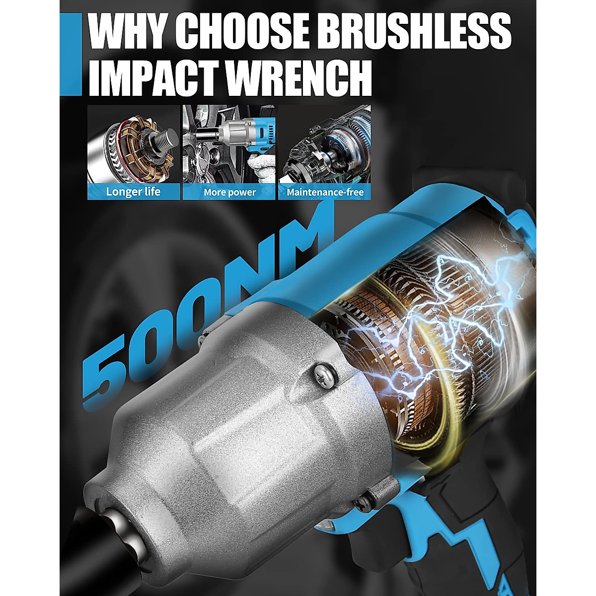 VICRING 20V Cordless Impact Wrench 1/2 Inch Impact Gun Brushless High Torque Power Impact Wrench Electric Lug Nuts Impact Driver With 4.0Ah Battery Fast Charger and 4 Sockets
