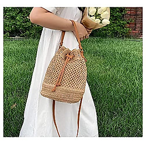 WIGUYUN Women Straw Drawstring Bucket Purse Small Tote Shoulder Handbag Hollow Out Cross-body Bag for Summer,Beach Light Brown