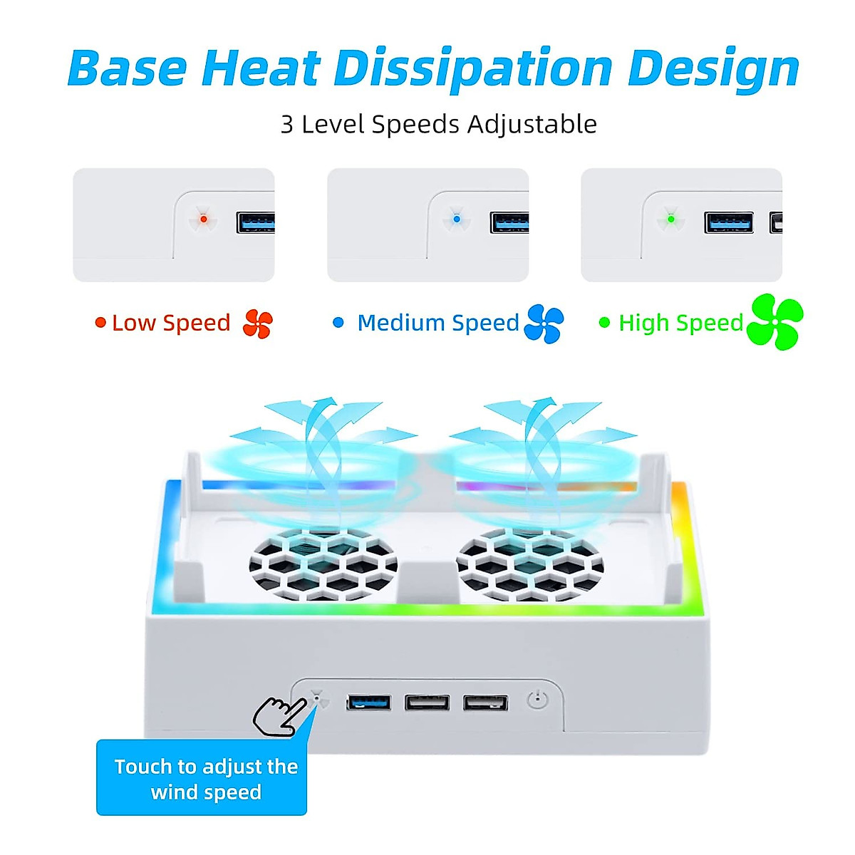 Mcbazel Wall Mount Kits with Cooling Fan for Xbox Series S, RGB Color LED Cooling System Stand with 3-Level Adjustable Speed, Extra 3 USB Port & 2 Controller Holder
