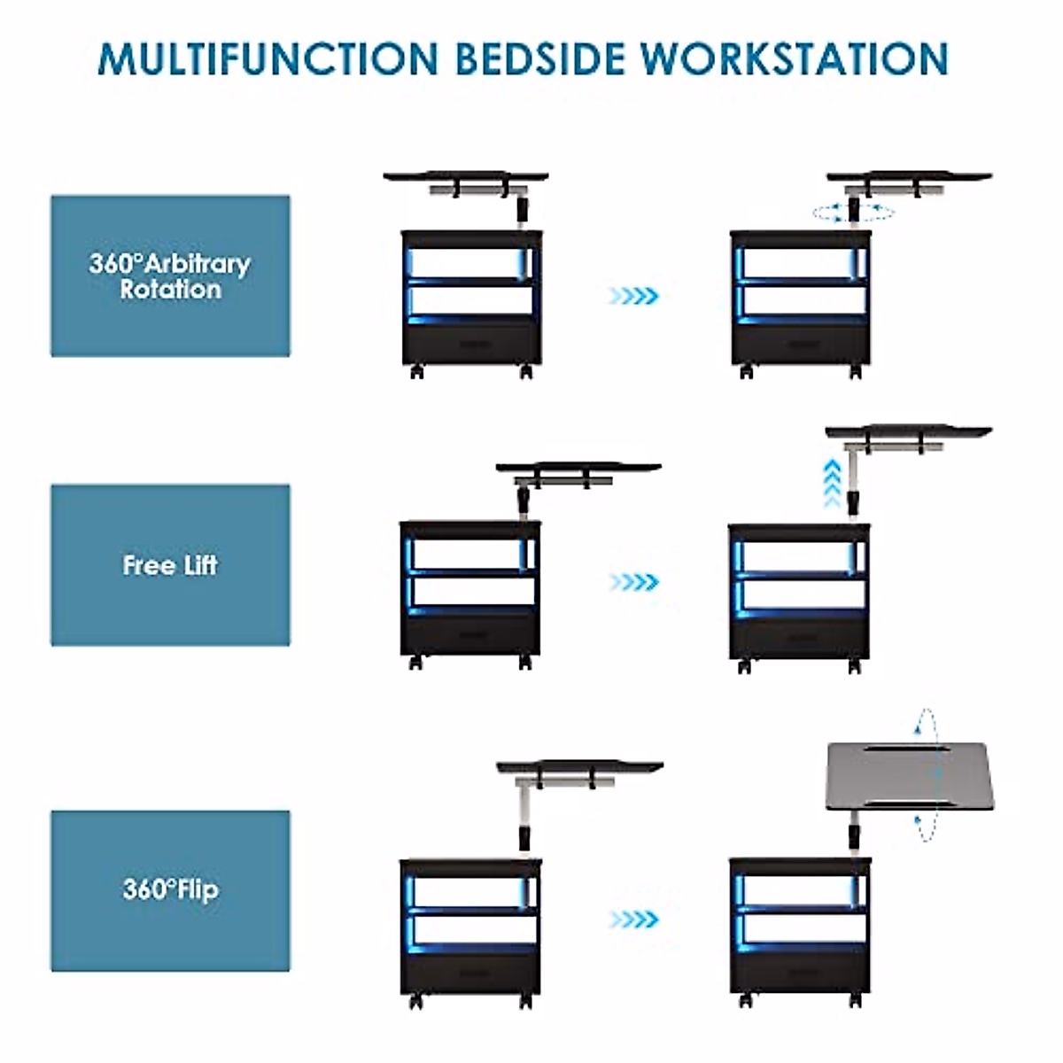 dnbss LED Nightstand with Charging Station & Sockets, Smart Bedside Table, Modern Night Stand for Bedroom, Large Side End Table, 360° Laptop Tray Workstation, Drawer, Open Shelf, Wheel (Black)