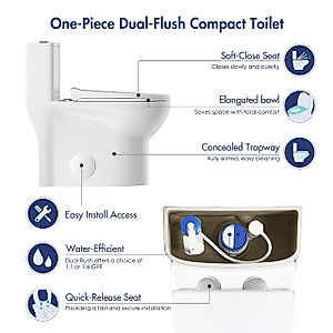 Eridanus Small Compact One Piece Toilet For Bathroom, Powerful Dual Flush Modern Toilet, 1.1/1.6 GPF, 12" Rough-In, Elongated Toilet with Soft Closing Seat, 26.68"D x 14.37"W x 26"H, White