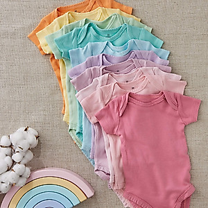 HonestBaby 10-Pack Short Sleeve Bodysuits One-Piece 100% Organic Cotton for Infant Baby Boys, Girls, Unisex, Rainbow Girl, 12 Months