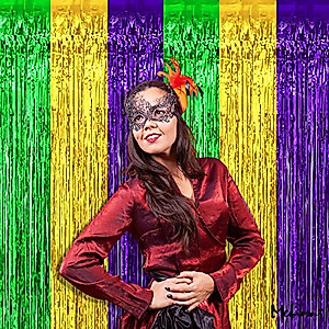 4 Pack 3.2Ft x 6.6Ft Mardi Gras Fringe Curtain Backdrop, Gold Green Purple Metallic Tinsel Foil Fringe Streamers Curtains Background for Photo Booth Birthday Wedding Carnival Party Decorations