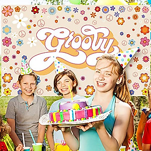 Groovy Party Backdrop Banner Hippie Birthday Two Groovy Party Decoration Daisy Flower Boho Party Photography Backdrop Groovy Party Supplies for Baby Shower, 70.8 x 43.3 Inch(Groovy Pattern)