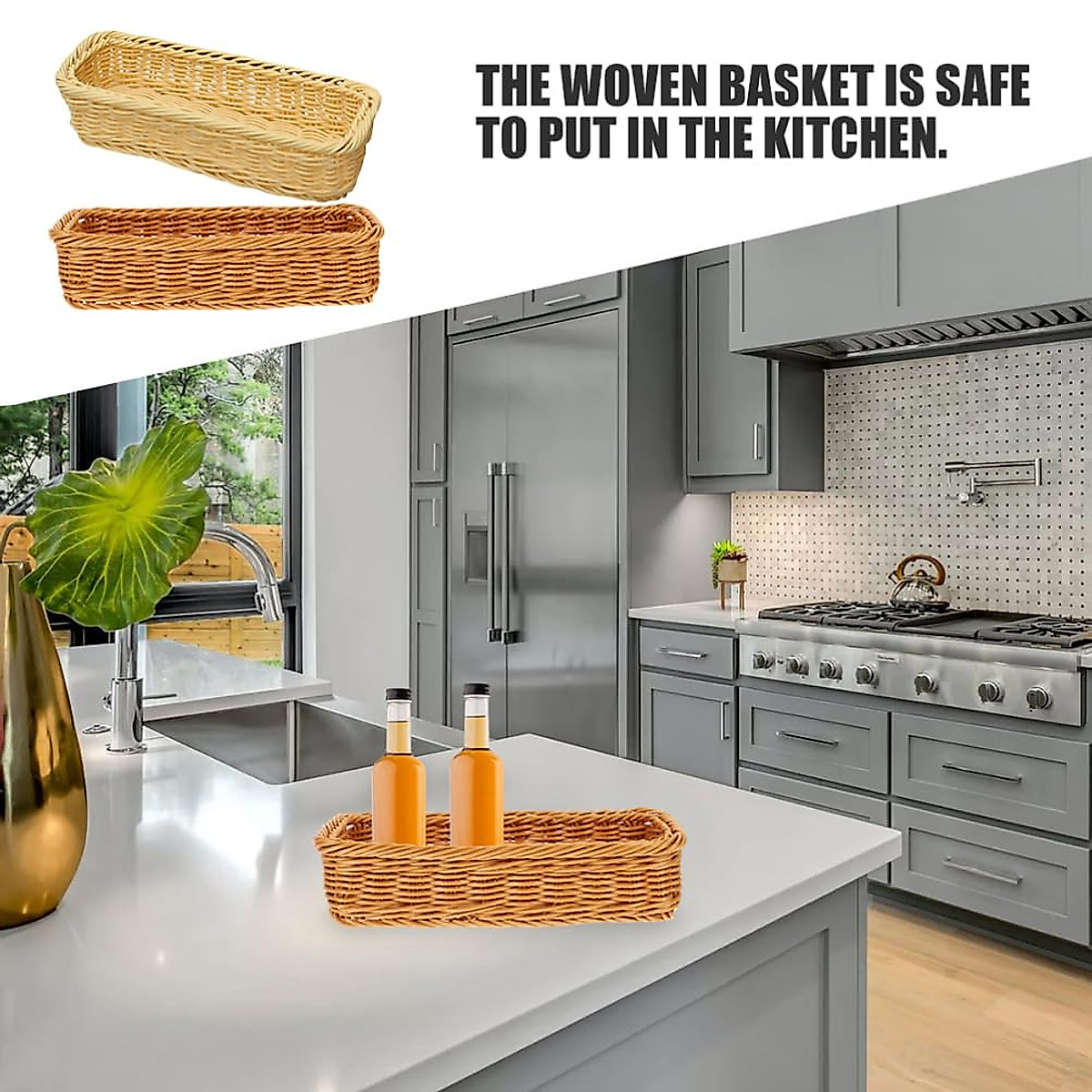 VOSAREA Wicker Storage Basket Plastic Long Narrow Rectangular Woven Shelf Basket Cutlery Spices Jar Toilet Paper Towel Basket Wicker Cube Storage Bins Boho Cutlery Tray